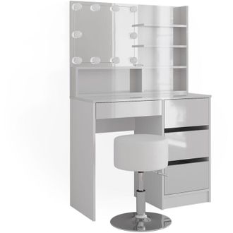 Vicco Coiffeuse Sherry, Blanc, 140 cm avec &eacute;clairage led, tabouret et &eacute;tag&egrave;re miroir