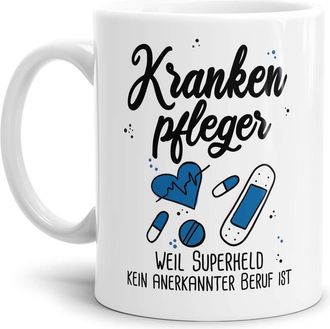Tassendruck Berufe-Tasse Superheld Krankenpfleger - Kaffee-Tasse mit Spruch/Arbeit/Job/Lustig/Geschenk-Idee - Weiß