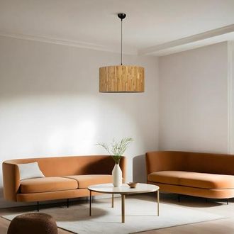 Opviq Elegant Metal Chandelier with Bamboo Cap, 45 cm Diameter, Adjustable Height, E27 Socket, 40W Max, Stylish Wooden & Black Finish for Modern Spaces