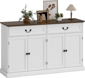 HOMCOM Buffet - HOMCOM - 4 portes, 2 tiroirs silencieux, étagères réglables - panneau de particules et MDF - 140x40x85cm - blanc et marron