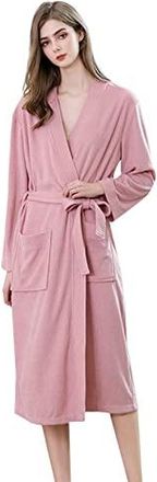 Generic Peignoir de bain en tissu &eacute;ponge pour femme - Couleur pure - Chaud - Avec ceinture et poches - Confortable et doux - Col en V - Pour lhiver, rose, XL