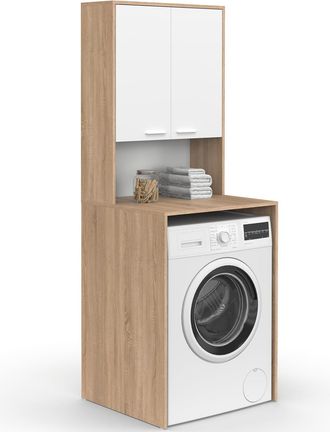 IDMarket Waschmaschinenoberschrank Wallis mit Holzschrank in Buchenoptik und Wei&szlig;