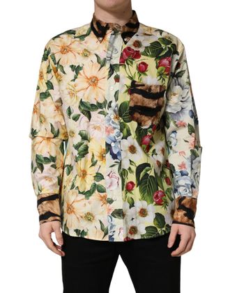 Dolce & Gabbana Mens Multicolor Floral Animal Print Collared Shirt Cotton Silk