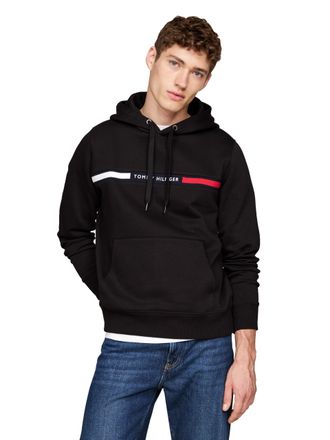 Tommy Hilfiger Herren Mittelschweres Fleece-Kapuzen-Sweatshirt mit Charakteristischem Streifen-Logo Kapuzenpullover, Schwarz, XX-Large