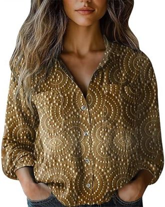 Generico Chemise Femme Curvy &agrave; Manches Longues Chemises en Lin Coton &Eacute;l&eacute;gant Grande Taille T Shirt Col en V Classique Blouse Vintage Fantaisie avec Boutons Mod
