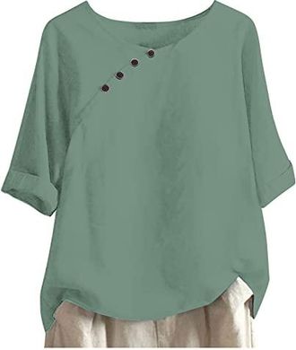 Generic Hauts en lin pour femme - Grande taille - Haut &agrave; manches courtes - Col rond - Imprim&eacute; bouton - Chemisier en lin - Chemises en coton et lin - Tunique d