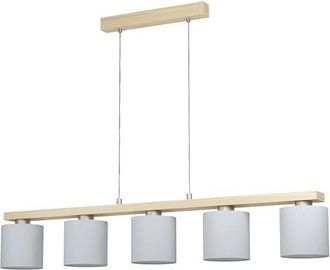 Eglo Pendelleuchte Castralvo, 5 flammige H&auml;ngelampe, H&auml;ngeleuchte aus Stahl in Nickel-Matt, Holz in Braun und Textil in Wei&szlig;, Esstischlampe FSC zertifizier