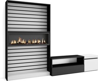 Skraut Home | Wohnwand Wohnzimmer | Wohnzimmerm&ouml;bel, M&ouml;belset | 260x186x35cm | F&uuml;r TV-Ger&auml;te bis zu 65 | Elektrokamin. Ma&szlig;e | Moderner Stil | Wei&szlig; und Schwarz