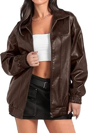 Generic Veste oversize en similicuir pour femme, manteau de moto style bombardier, tenues dautomne et dhiver