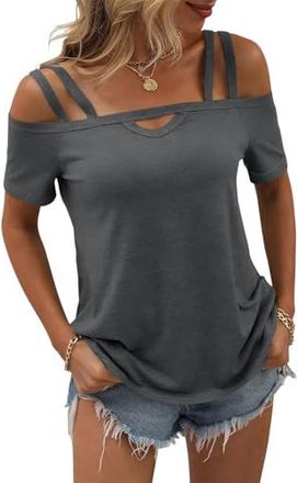 Onsoyours Tee Shirt Femme Ete Sexy à Épaules Dénudées T-Shirts à Manches Courtes Haut Chic et Elegant A Gris XL