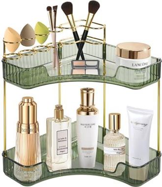 Shanna Rangement Maquillage Cosm&eacute;tique: Organisateur de Salle de Bain Vert de 2 &Eacute;tages Angle Maquillage Organisateur R&eacute;glable Organisateur de Pinceau Etag&egrave;re