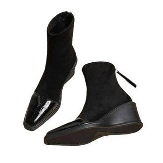 Generic GLDFW Bottines &agrave; talon compens&eacute; &agrave; bout carr&eacute; en daim avec fermeture &eacute;clair arri&egrave;re, Noir, 41.5 EU