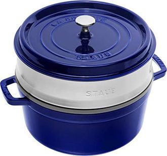 Staub Cocotte en Fonte Émaillée avec Couvercle et panier vapeur, Tous feux dont induction, 4 à 5 personnes, Ronde, 26 cm, 5 L, 7,2 kg, Bleu Intense