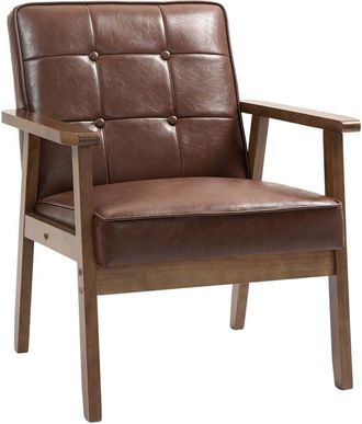 HOMCOM Fauteuil de salon - HOMCOM - dossier capitonné, pieds en bois massif - cuir synthétique - 64x66x80cm - marron