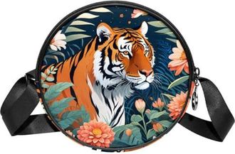 Generic Petit sac &agrave; bandouli&egrave;re rond pour femme, motif fleur de tigre, sac &agrave; dos avec fermeture &eacute;clair, bretelles r&eacute;glables, sac &agrave; main rond d&eacute;contract&eacute; pour 