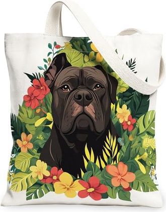 Generic Spring Cane Corso Sac fourre-tout en toile pour faire du shopping 33 x 38,1 cm, sac d&eacute;picerie r&eacute;utilisable avec motif imprim&eacute; de plantes, fleurs et ch