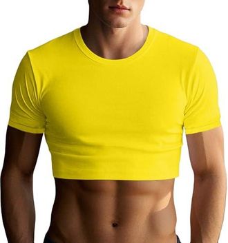 Generic Crop Top pour homme - Ventre nu - Manches courtes - T-shirt de fitness respirant - V&ecirc;tement de bodybuilding - Yoga - T-shirt de sport - Col rond - Cou