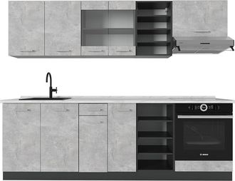 Vicco Küchenzeile R-Line, Küchenblock, Beton/Anthrazit, 240 cm, AP Marmor