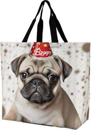 Generic Adorable Chiot Carlin Pour Son Anniversaire Sac Cabas R&eacute;utilisable Sacs De Courses Imperm&eacute;able Sac A Main Femmes Pour Travail Gym Shopping