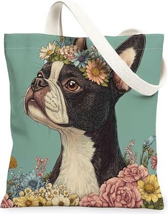 Generic Sac fourre-tout en toile motif terrier de Boston pour faire du shopping, 33 x 38,1 cm, sac d&eacute;picerie r&eacute;utilisable pour femme, peinture danimaux domest