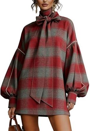 Generic Robe nuisette en velours pour femme - Manches longues - Col montant - Noeud - Style vintage - Pour invit&eacute;es de mariage, Rouge, 3XL