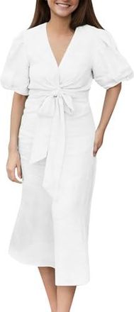 Generic Robe longue &agrave; manches volant&eacute;es et col en V pour femme, robe midi &eacute;l&eacute;gante, taille &eacute;l&eacute;gante, noeud papillon, couleur unie, robe d&eacute;t&eacute; confortable, l&eacute;g&egrave;