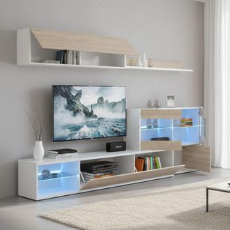 Dmora Wohnwand Adams, Modulares Eck-Wohnzimmerset, Multipositions-Wohnzimmerm&ouml;bel mit LED-Licht, 260x41h180 cm, Eiche und Wei&szlig;