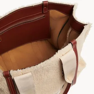 Chlo&eacute; Womens Shearling Tote Beige Leather Detail