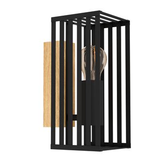 Eglo Wandleuchte innen Cidraz, Wandlampe Vintage, Wandbeleuchtung aus Metall in Schwarz und Holz in Eiche, FSC100HB, Wand Lampe für Flur und Wohnzimmer, E2