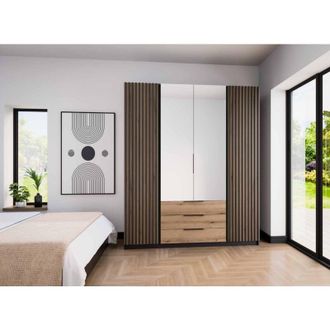 Furnix Der Kleiderschrank Timotes 200 cm mit Spiegel und Lamellen Türen Braun schwarz - Furnix