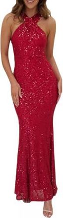 Minetom Femme &Eacute;l&eacute;gante Robe &agrave; Paillettes sans Manches Maxi Robes de F&ecirc;te Soir&eacute;e Mariage Cocktail Col Licou Robe Longue A Rouge M