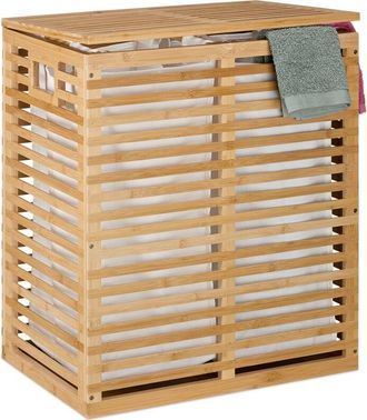 Relaxdays Wäschekorb mit Deckel, 2 herausnehmbare Säcke, je 44 l, hbt: 61x53x35 cm, Wäschesammler Bambus, natur/beige - Relaxdays