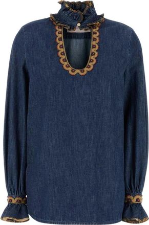 Valentino Garavani Femme, Blouses et Chemises, Bleu, Taille: 36 FR Haut en chambray denim brod&eacute;