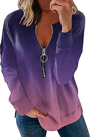TOMWELL Sweat Shirt Col V à Manches Longues pour Femmes Chemisier Décontracté Ample Uni Fermeture éclair Pull Sport Chandail pour Femme Automne Hiver Tunique 