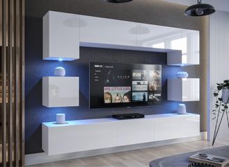 Furnitech Nowara AN1-17W-HG21 1B TV-Wand-Hängeschrank für Wohnzimmer - Modernes Design mit Säulen- Vitrinen und Ablagen - Möbel mit blauer LED-Beleuchtung - Now