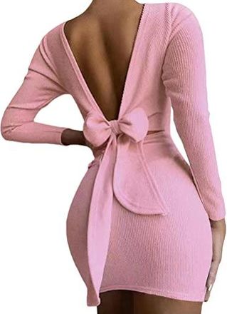 TOMWELL Femme Robe Pull Hiver de Manches Longues Casual Pulls Robes Zippé Avant Moulante Mini Robes Rose S