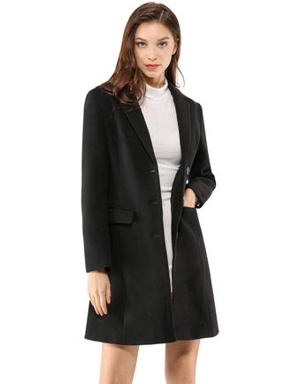Allegra K Damen Wollmantel Revers Knopfleiste Wintercoat Mantel Schwarze XS