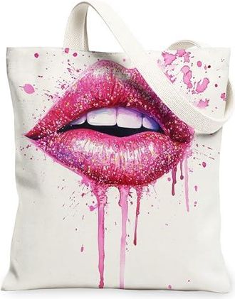 Generic Sacs fourre-tout en toile avec impression de l&egrave;vres, motif &eacute;claboussures artistiques, sacs d&eacute;picerie r&eacute;utilisables, funky vintage, l&eacute;gers et lavables 