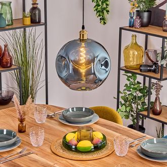 HOFSTEIN H&auml;ngeleuchte Ripoll, 1-flammige H&auml;ngelampe aus Metall/Glas in Goldfarben/Blau, moderne Pendelleuchte im Retro/Vintage-Design (Schirm 30 cm), E27, Essz