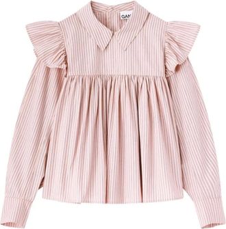 Ganni Femme, Blouses et Chemises, Rose, Taille: 42 FR Oxford Stripe Frill Blouse