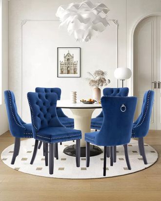 Generic Samtgepolstertes, Getuftetes Esszimmerstuhl-Set Mit Nagelkopfbesatz Und Beinen Aus Massivholz - Beige (für Esszimmer, Küche, Restaurant)(Blue,Set of 6