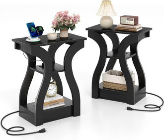 Costway Lot de 2 Tables de Chevet avec Prise, Tables de Nuit Design Unique, 3 &Eacute;tag&egrave;res Ouvertes, Chevet de Lit pour Salon, Chambre, Noir