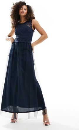 Vila Linvitée - Robe longue en dentelle et tulle - Bleu marine