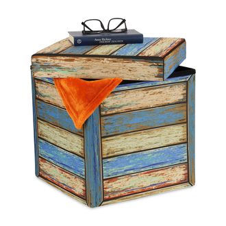 Relaxdays Sitzhocker mit Stauraum, Vintage Holzplanken Design, faltbar, gepolstert, Hocker HBT: 38x37,5x37,5 cm, bunt