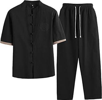 Generic Ensemble t-shirt et short en lin et coton pour homme, couleur unie, ensemble de surv&ecirc;tement &agrave; manches courtes, t-shirt ample avec cordon de serrage, t