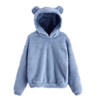 Generic Teddy Fleece Hoodie Damen mit B&auml;ren Ohren Kapuze Cute Langarm Pullover Einfarbig Sweatshirt Cozy Pl&uuml;sch Kapuzenpullover Warm Pulli Kawaii Fleecepulli 