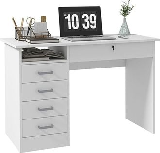 HOMCOM Homcom - Bureau informatique multimédia multi-rangement 5 tiroirs niche 110L x 50l x 76H cm blanc