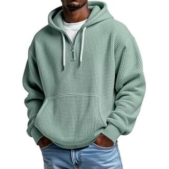 Generic Sweat &agrave; capuche pour homme - Motif gaufr&eacute; - Manches longues - Avec fermeture &eacute;clair 1/4 - Couleur unie - Confortable - Pull en tricot d&eacute;contract&eacute; - Av