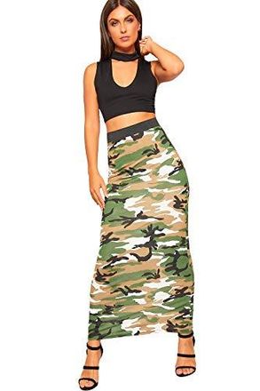 WearAll Femmes Multi Imprimer Élastiquée Élevé Taille Étendue Maxi Longue Jupe Dames Nouveau - Camouflage - 44-46