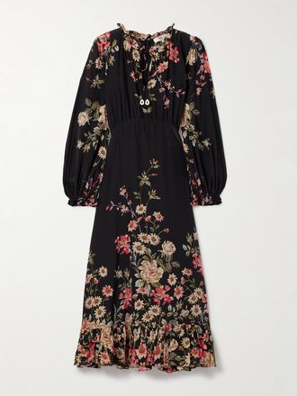 Sea New York Jolie Midikleid Aus Crêpe De Chine Mit Blumenprint Und Rüschen - Schwarz